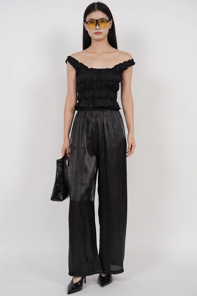 Gathered Ribbon Ruffle Top in Black – MDS Myanmar