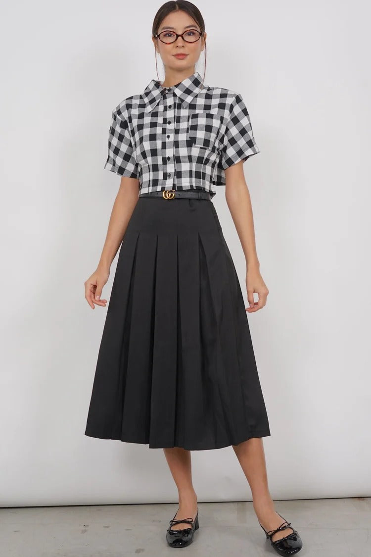 Pleated Button Top in Gingham – MDS Myanmar