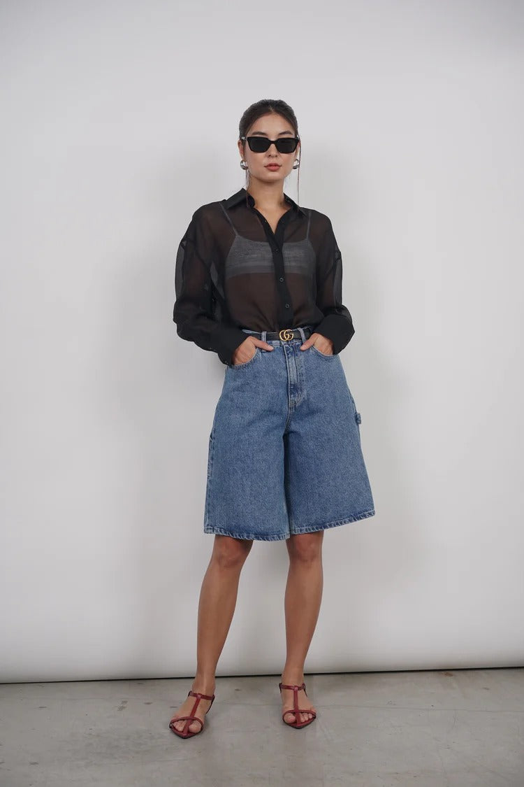 Sheer Long Sleeve Shirt Blouse in Black – MDS Myanmar